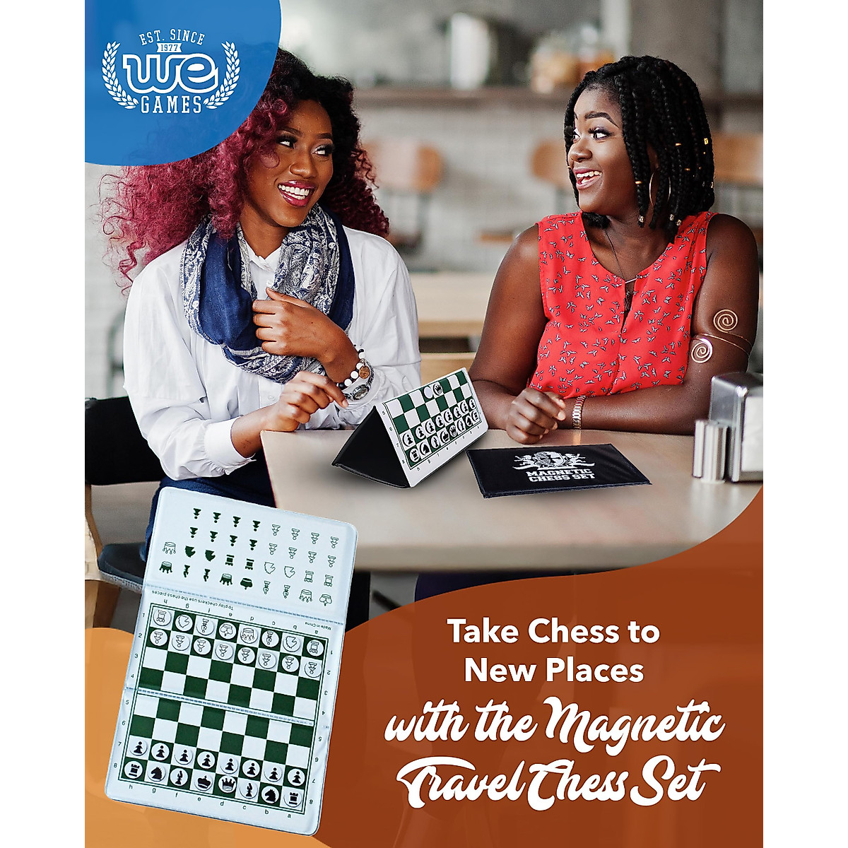 WE Games Mini Chess Set – 10 inch Foldable Pocket Chess Set, Flat Magnetic Chess Pieces, Portable and Travel Chess Set for Adults, White Logo