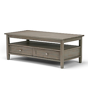 SIMPLIHOME Warm Shaker SOLID WOOD 48 Inch Wide Rectangle Transitional Coffee Table in Distressed Grey, For the Living Room and Family Room