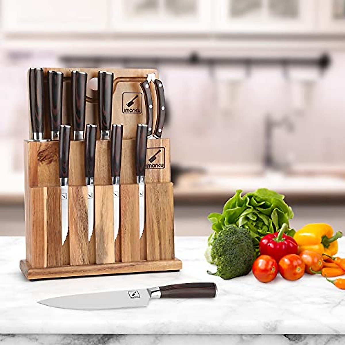 imarku Knife Set with Block, Cutting Board and Cleaver - Stainless Steel Kitchen Knife Set with Sharpener - Chef Knife Sets for Kitchen with Block - Set of 11