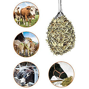 QWORK Horse Hay Net, 2 Pack 4" Hole Hay Feeders, 40" Slow Feeding Hay Nets with Metal Rings Equestrian Feeding Supplies Slow Down Feeding Speed