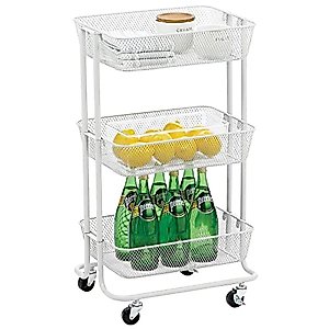 mDesign Metal 3-Tier Portable Rolling Household Storage Cart for Bathroom, Kitchen, Craft Room, Laundry Room, and Kid's Playroom - 4 Rotating Wheels - White