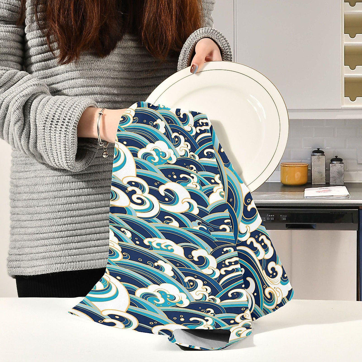 sletend Kitchen Towels or Tea Towels Japanese Style Sea Wave 28x18in Polyester Material Dish Towels or Dishcloths with Hanging Loop, Set of 1 Hand Towel for Dining Table Kitchen.