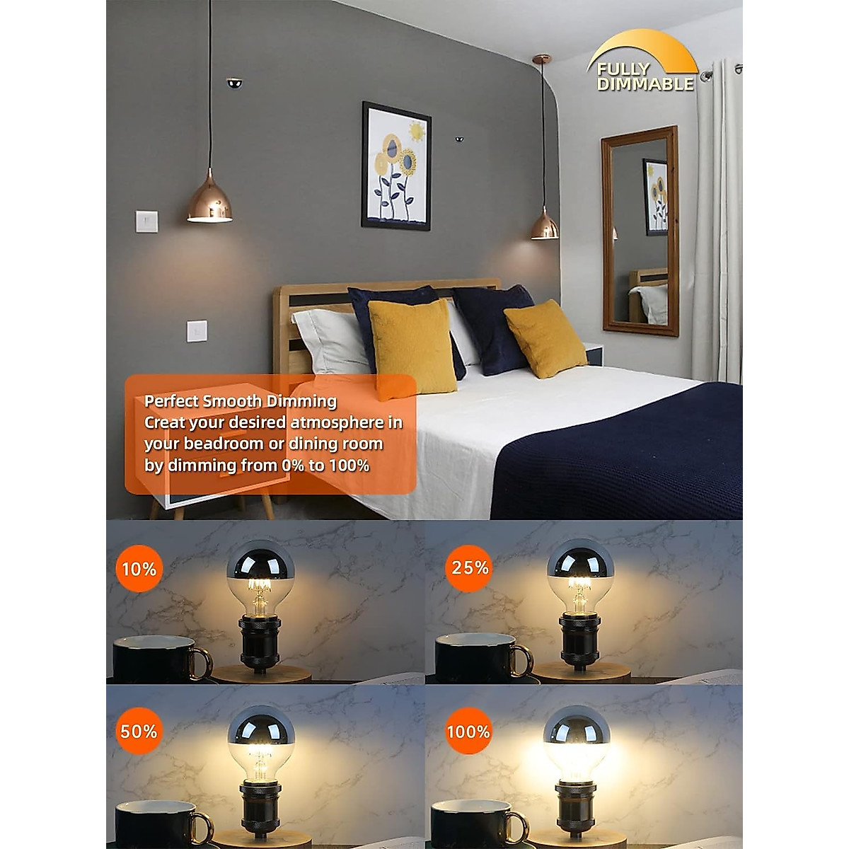 XININSUN Dimmable Half Chrome Light Bulb,6W (60W Eqv.), Anti Glare LED Light Bulbs,G25 Globe Light Bulbs,E26 G80 Silver Dipped Bulb for Bathroom, Vanity, Mirror,2700K Warm White,4Pcs