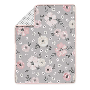 Sweet Jojo Designs Grey Watercolor Floral Baby Girl Nursery Crib Bedding Set - 4 Pieces - Blush Pink Gray and White Shabby Chic Rose Flower Polka Dot Farmhouse