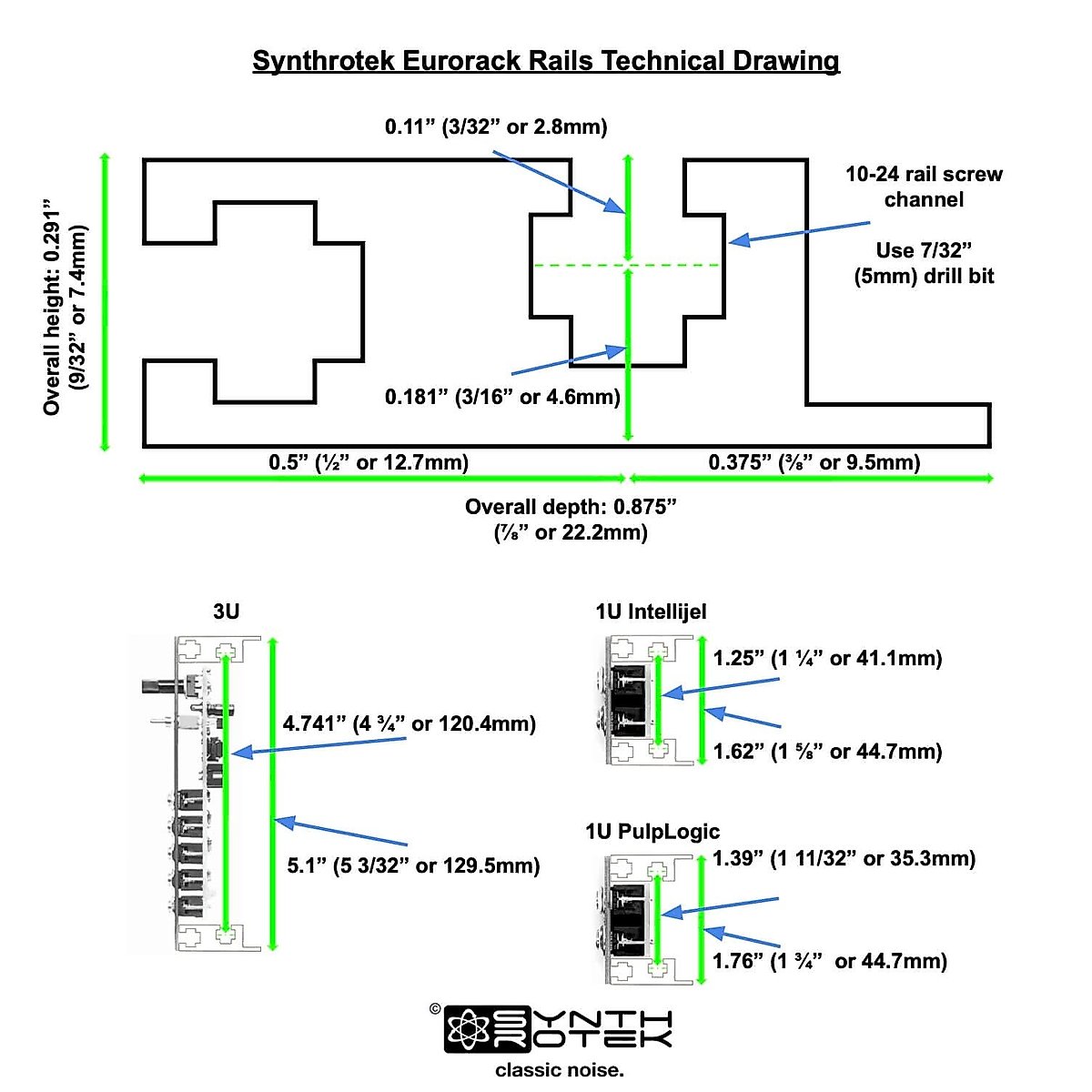3U Eurorack Bracket Ears, 84HP Rails, Threaded Nut Strips by Synthrotek