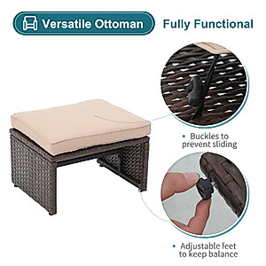 OC Orange-Casual 6 Piece Patio Wicker Furniture Set, Balcony All Weather Rattan Chair, with Space Saving Ottoman, Resin Nesting Coffee Table, Modern Design, Beige