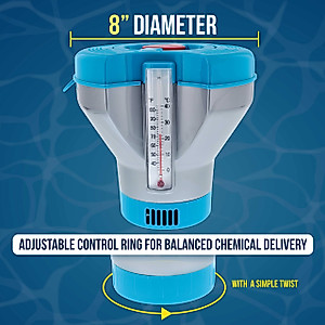 U.S. Pool Supply Deluxe Pool Chlorine Floater Dispenser with 100° F Thermometers on Each Side, Pop-Up Refill Indicator - Large Capacity Holds 3", 4" Tablets 8" Diameter Floating Chlorinator