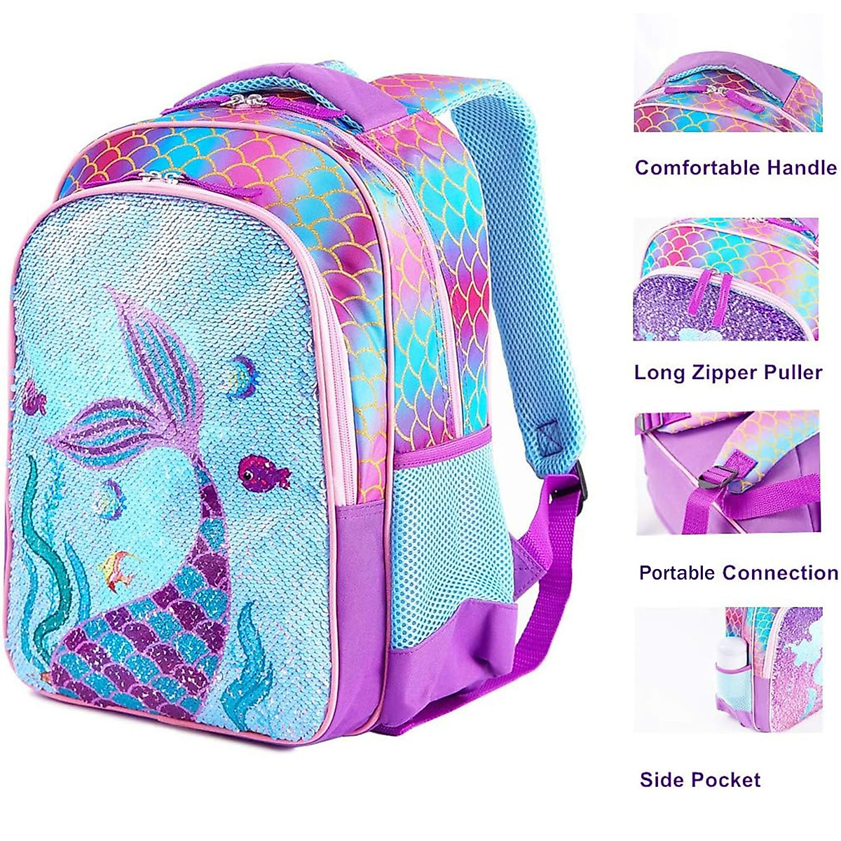 Reversible Sequin School Backpack Lightweight Little Kid Book Bag with Lunch Bag Set for Preschool Kindergarten Elementary (15", Mermaid with Lunch Bag)