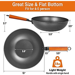 Anyfish Wok Pan with Lid, 13inch Nonstick Wok with Silicone Spatula, Woks & Stir Fry Pans and Carbon Steel Woks, No Chemical Coated Flat Bottom Chinese Wok For Induction, Electric, Gas, All Stove