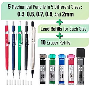 Mr. Pen Mechanical Pencil Set with Lead and Eraser Refills, 5 Sizes - 0.3, 0.5, 0.7, 0.9 and 2 Millimeters, Drafting, Sketching, Illustrations, Architecture, Drawing Mechanical Pencils