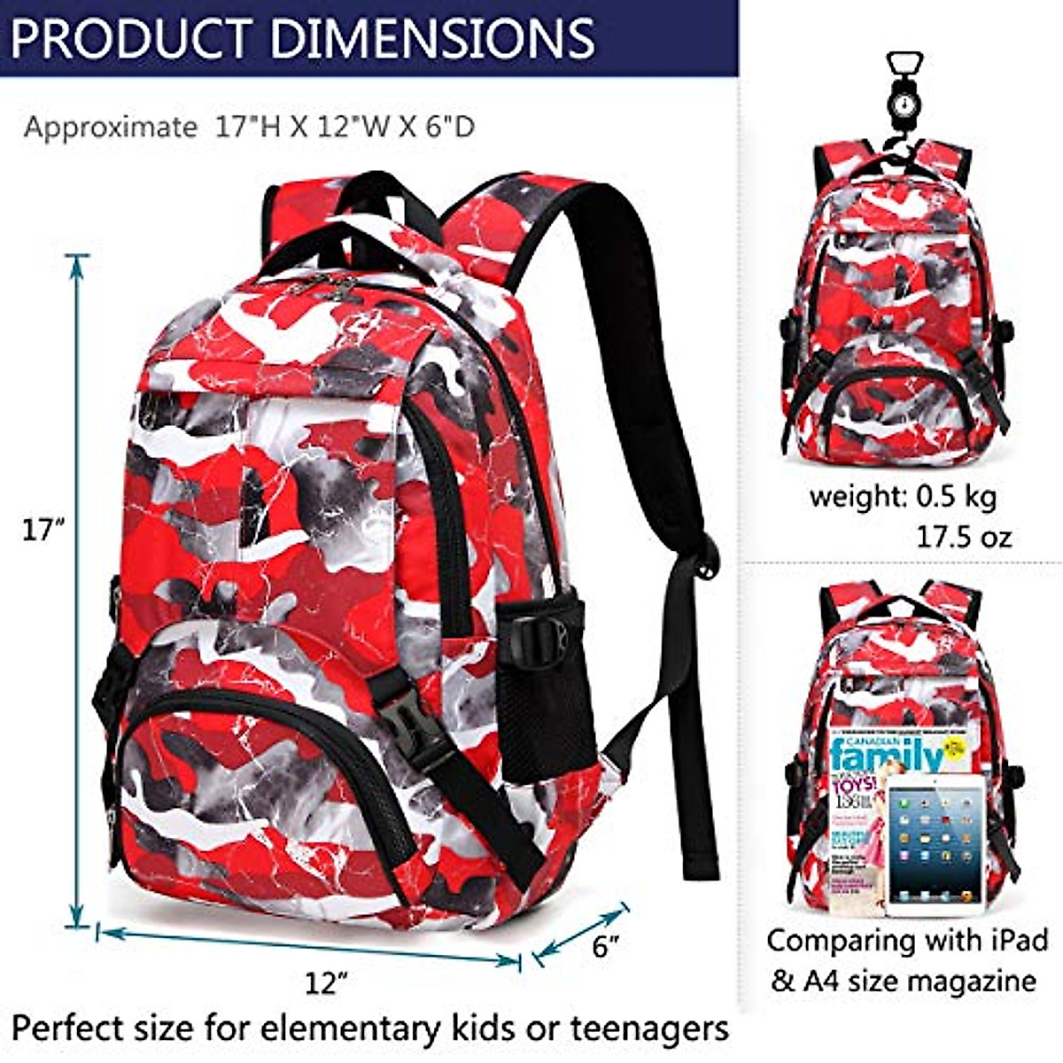 BLUEFAIRY Kids Backpacks for Boys Girls Camo Elementary School Bags Bookbags Lightweight Durable (Red Camo)