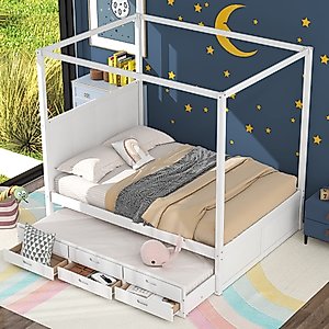 Polibi Wooden Daybed, Twin Size Canopy Daybed with 3 in 1 Drawers (White)