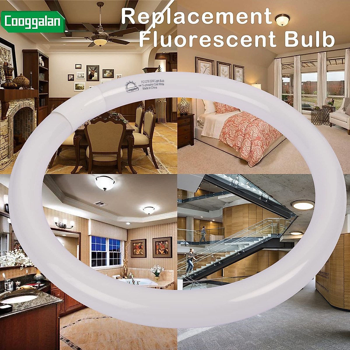 COOGGALAN FC12T9/CW 32W Cool White Circular Light Bulbs, 12 inch Round T9 32 Watts FC12T9/841 4100K Circline Fluorescent Bulb, Replacement Kitchen and Bath Circle Light Bulb, G10q 4 Pin Prong, 2 Pack