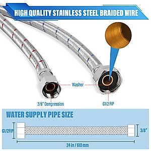 4 Pcs Faucet Hose Connectors, 3/8" Comp x 1/2" FIP Premium Braided Stainless Steel Water Supply Lines for Bathroom, Toilet and Kitchen Faucets (24 Inch)