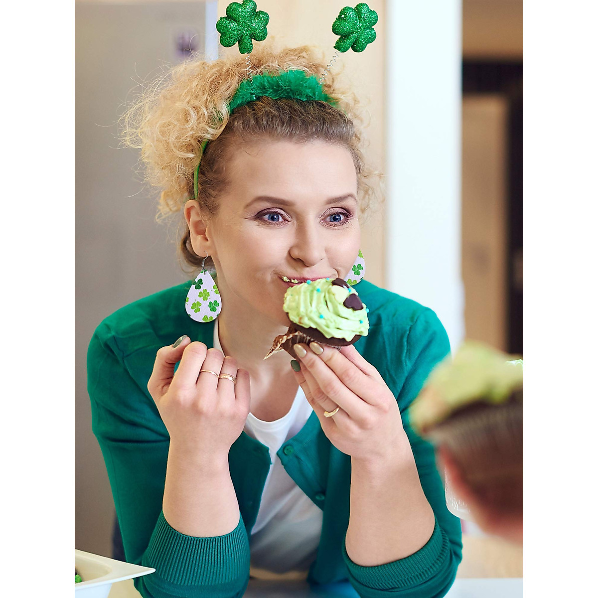 16 Pairs St. Patrick's Day Shamrock Dangle Earring Faux Leather Clover Drop Earrings Green Plaid Teardrop Earrings