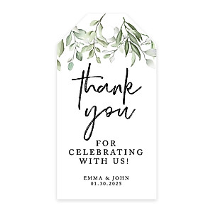 Andaz Press 100-Pack Personalized Thank You for Celebrating with Us Wedding Favor Tags with Bakers Twine Greenery Leaves Custom Cardstock Wedding Gift Tags for Wedding Party Favors 2 x 3.75-Inches