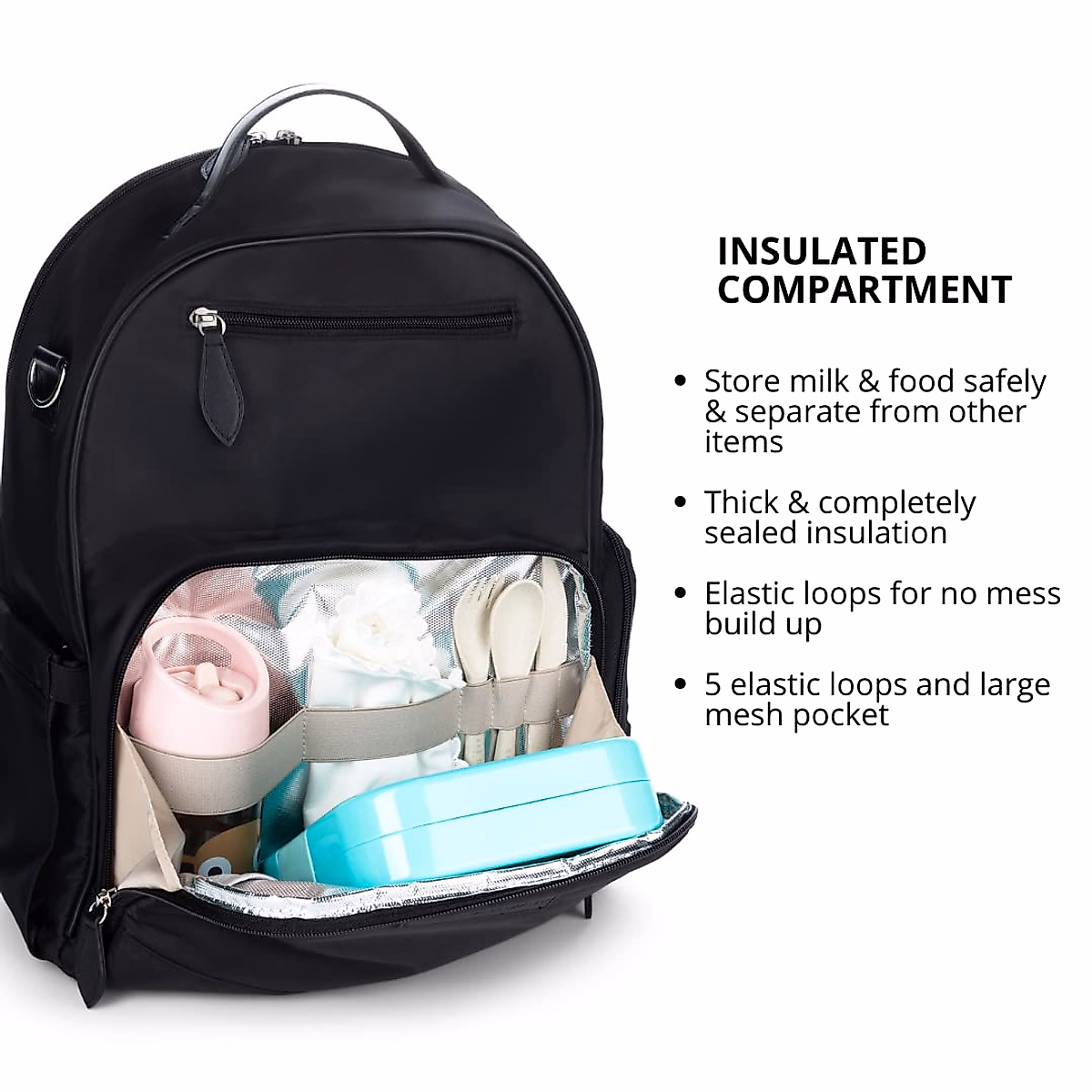 LOLA & ROAM Nylon and Vegan Leather Diaper Bag Backpack with Cooler Compartment and 5 Accessories, 5 Separate Compartments for Easy Use, Lightweight Baby Bag to Toddler to 2 Kids