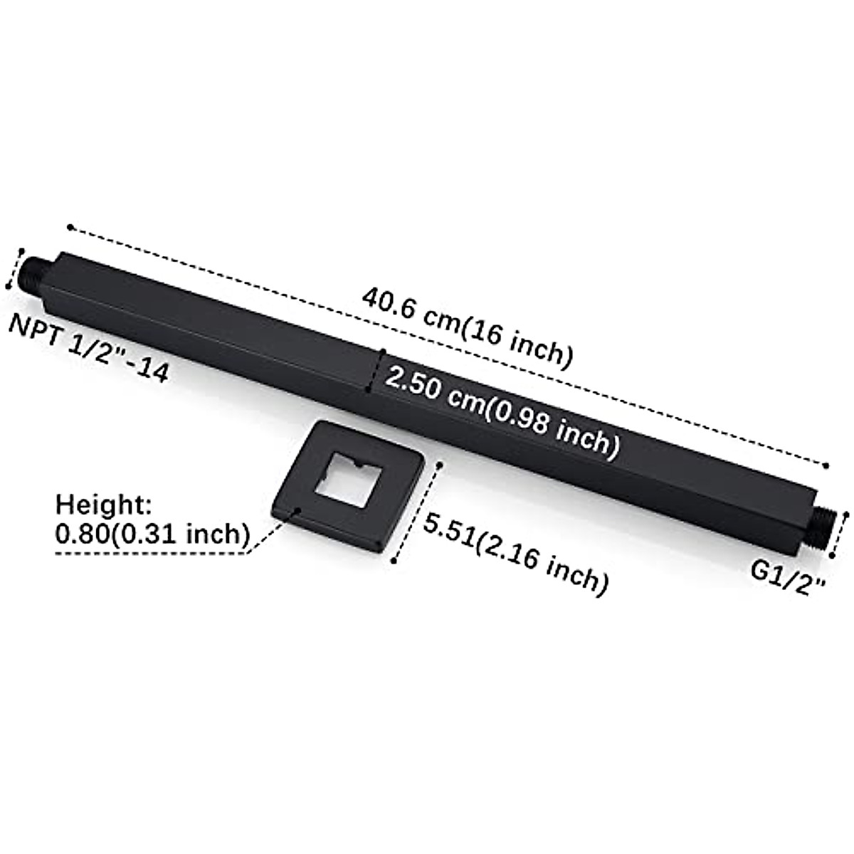 Anpean 16 Inch Square Ceiling Mounted Shower Arm and Flange, Matte Black