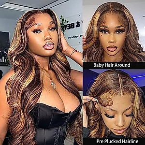28inch Honey Blonde Lace Front Wig Human Hair 13x4 HD Transparent 4/27 Highlight Ombre Lace Front Wigs Human Hair Pre Plucked With Baby Hair 180% Density Body Wave Human Hair Wigs