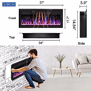 Hocookeper 37 inch Electric Fireplace, Wall Mounted and Recessed Fireplace Linear Fireplace Insert with Remote Control, Adjustable Flame Colors, Timer,750w/1500w, Black