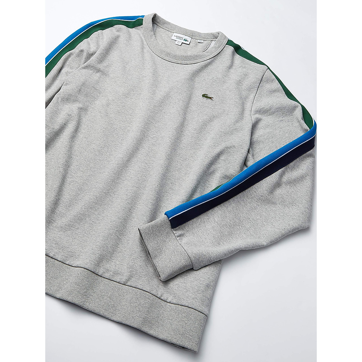 Lacoste Mens Long Sleeve Rainbow Sleeve Striped Crewneck Sweatshirt Silver Chine/Navy Blue-ut MD One Size