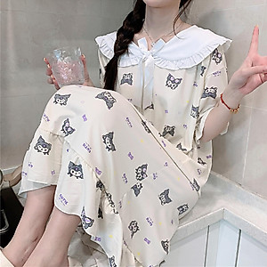 Kuromi Pajamas for Women Kawaii Kuromi Nightgown Pajamas Lightweight Sleep Dress Soft Kuromi Sleepwear Casual Pajamas for Women Girls (Beige, XXL)
