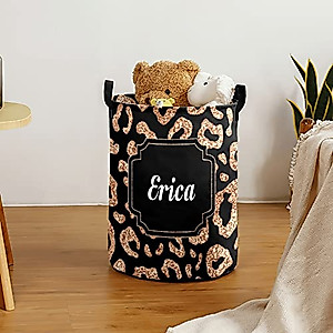 Leopard Print Monogram Personalized Foldable Freestanding Laundry Basket Clothes Hamper with Handle, Custom Collapsible Storage Bin for Toys Bathroom Laundry