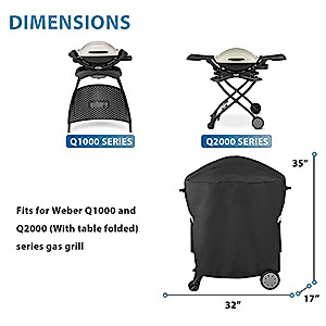Grisun 7113 Grill Cover for Weber Q100/Q1000/Q200/Q2000 Grills with Portable Cart, Anti-Fade Waterproof Grill Cover for Weber Q2400/Q2200/Q1200/Q220/Q120 Grills, Full Length, Black