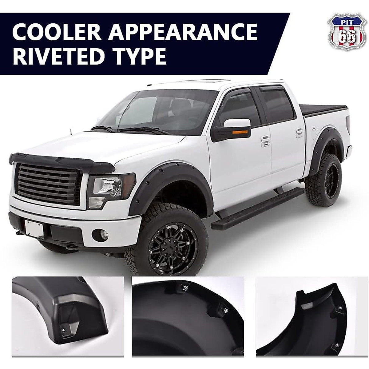 PIT66 Fender Flares, Compatible with 2009-2014 Ford F150 Styleside(NOT For Platinum and Raptor models), Wheel Flares Set Paintable Riveted Smooth Matte Black Pocket Style, 4 Pcs