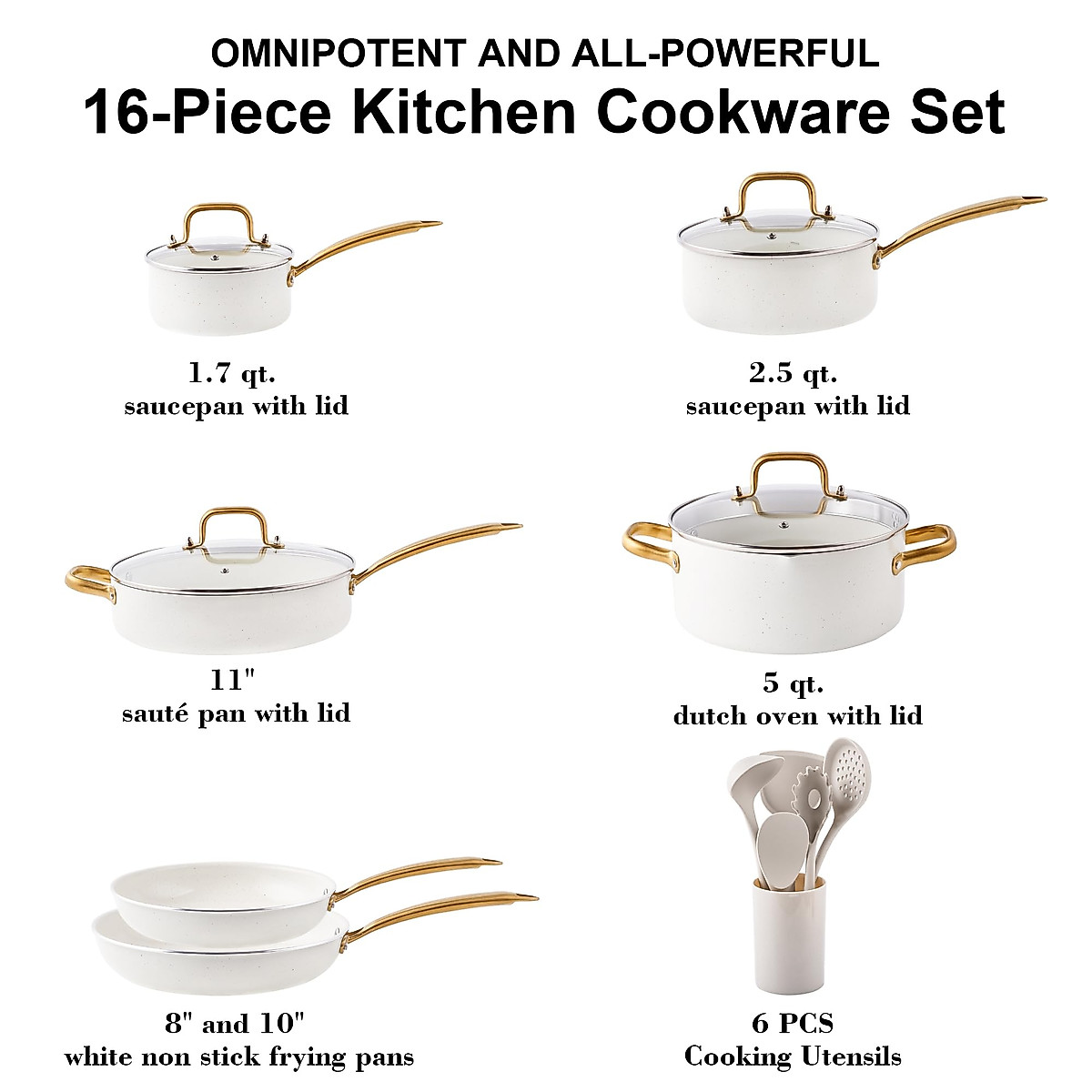 Nonstick Cookware Set - 16 PCS Non Toxin Pots and Pans Set Non stick With Dutch Oven, Frying Pan Set, Saucepan, Sauté Pan, Cooking Utensils - Kitchen Cookware Sets Granite Cooking Pot Gold Gifts