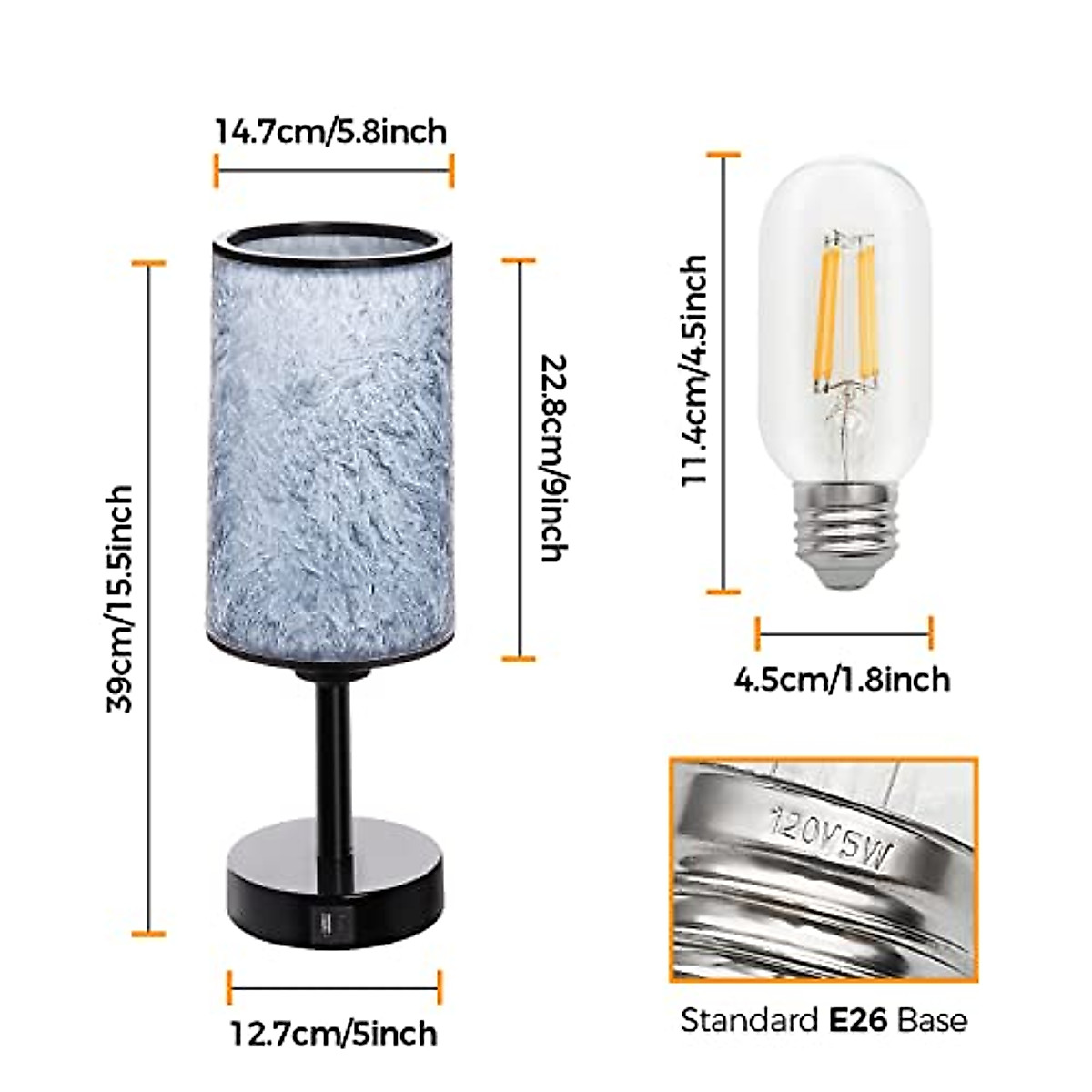 JASMINER Grey Bedside Lamp Table Hard Resin Touch Control Lamp with USB C&A Charging Ports Marble Texture Small Nightstand for Livingroom Bedroom Read Office Work