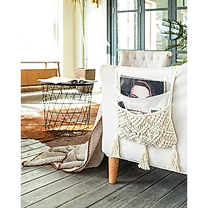 Mkono Macrame Sofa Armrest Organizer Remote Control Holder Magazine Storage Basket Bed Couch Chair Arm Bedside Caddy for TV Remote Control, Magazine, Books, Cell Phone, iPad, Boho Home Decor, Ivory