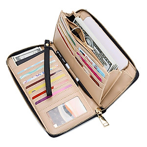 WOZEAH Women's RFID Blocking PU Leather Zip Around Wallet Clutch Large Travel Purse (A black)