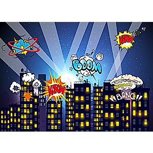 Superhero Cityscape Theme Backdrop Night Scene Comics Style Building Photography Background Baby Shower Boy Girl Kids Birthday Party Decoration Studio Shoot Prop 7x5FT