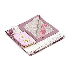 ihvan online Taffeta Fabric Muslim Prayer Rug & Velvet Covered Yaseen Surah Pocket-Size Book & Prayer Beads Set with Special Transparent Boxed, Perfect Islamic Ramadan Eid Gifts, Pink