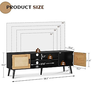 Quimoo Rattan TV Stand for 70 Inch TV, Entertainment Center, TV Console with Adjustable Shelf & 2 Cabinets, TV Stands for Living Room, Bedroom, Black+Natural