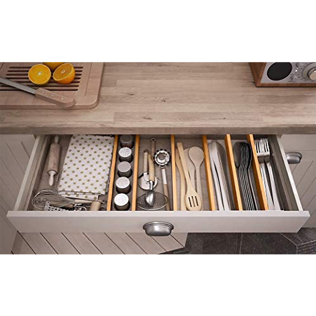 Bamboo Kitchen Drawer Dividers - Adjustable Spring Loaded Drawer Organizers - Drawer separator for Kitchen Utensils, Bedroom Clothes Dresser, Bathroom, and Office - Expands from 17.5" - 22" - 5 Pack