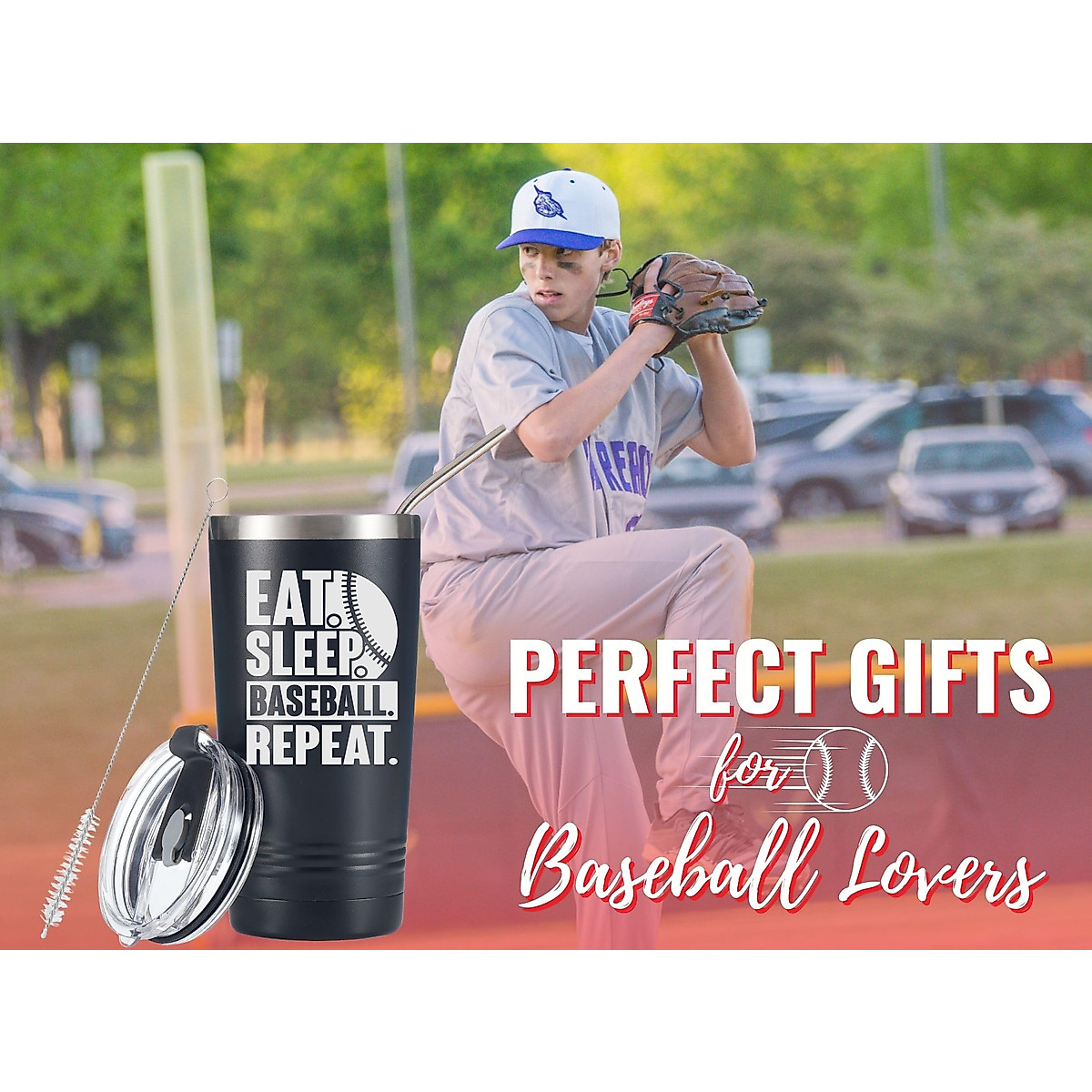 Onebttl Baseball Lovers Gifts, Baseball Gifts for Coach, Men, Dad on Birthday Christmas, 20oz Stainless Steel Tumbler - Eat Sleep Baseball Repeat, Black