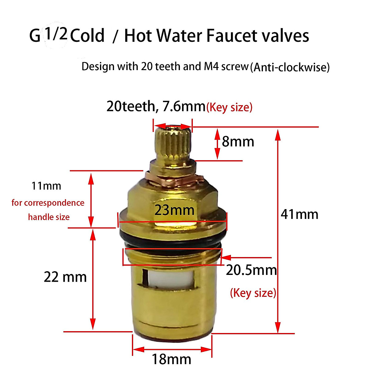 Faucet Cartridge, Brass Ceramic Faucet Stem Disc Cartridge Replacement Quarter Turn G1/2" 41MM Faucet Valves for Bathroom Kitchen Tap (Anti-clockwise)