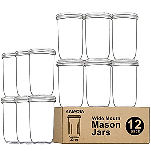 KAMOTA Wide Mouth Mason Jars 22 OZ With Wide Lids and Bands, Ideal for Jam, Pudding, Honey, Wedding Favors, DIY Spice Jars, Shower Favors,12 PACK, 12 Silver Pipette Covers Included