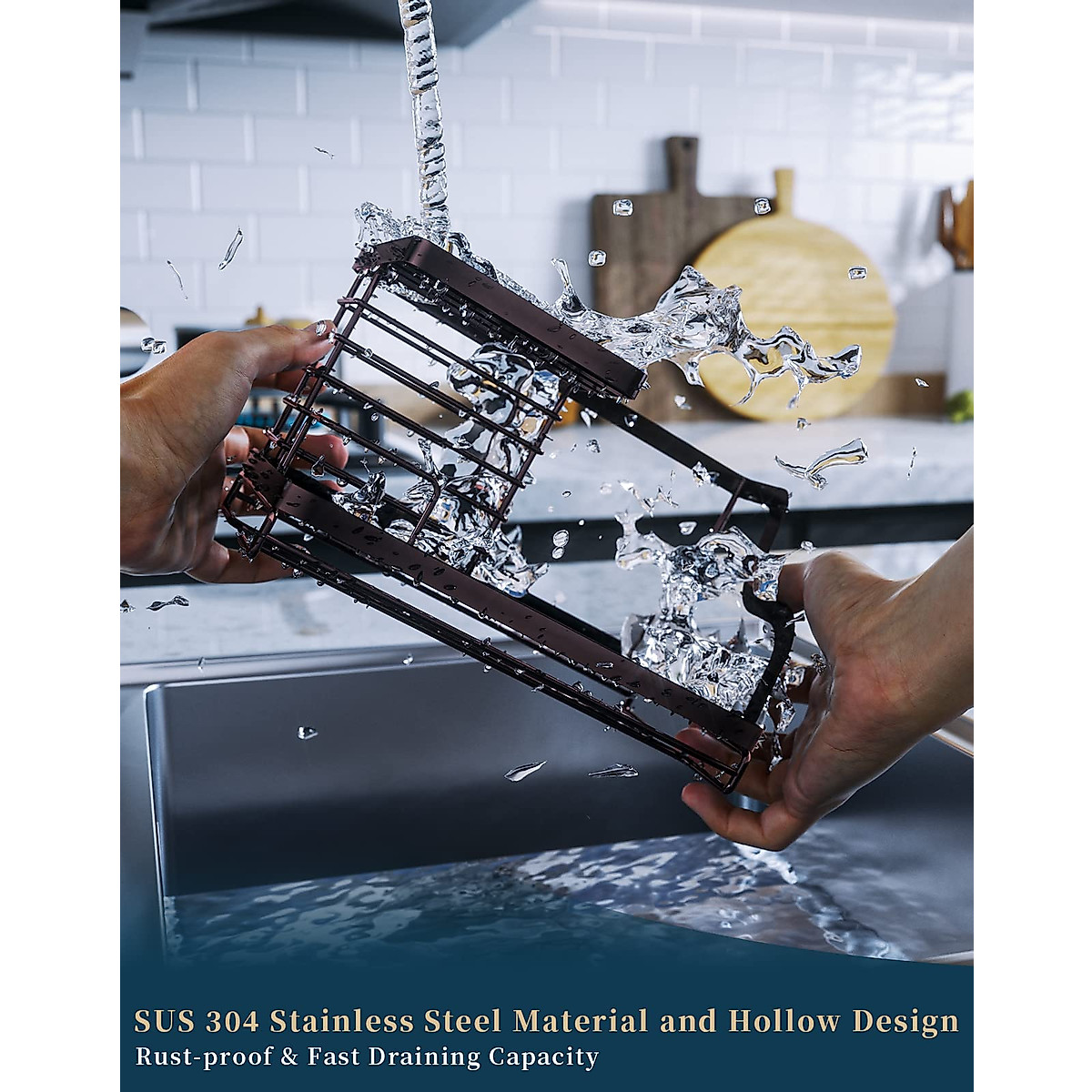 Consumest Sink Caddy Kitchen Sink Organizer, SUS304 Stainless Steel Sponge Holder for Kitchen Sink, Double-Layer Soap Sponge and Brush Holder with Removable Drain Tray, Bronze