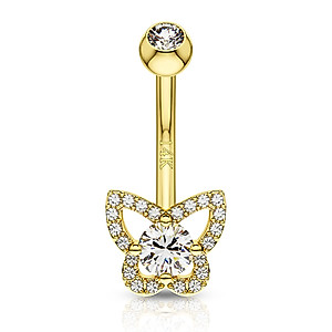 COCHARM 14K Gold Butterfly Belly Button Rings Yellow Gold Belly Rings for Women 14kt Real Gold Belly Piercing 14g Navel Rings Navel Bar