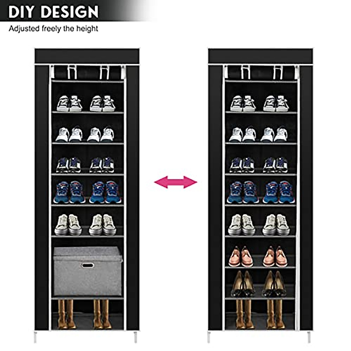 BELANITAS 10 Tier Shoe Rack for Entryway, Closet, Shoe Rack with Covers, Shoe Organizer Shoe Shelf Hold 27-35 Pairs of Shoes for High Heels, Sneakers, Boots and Storage Box, Black