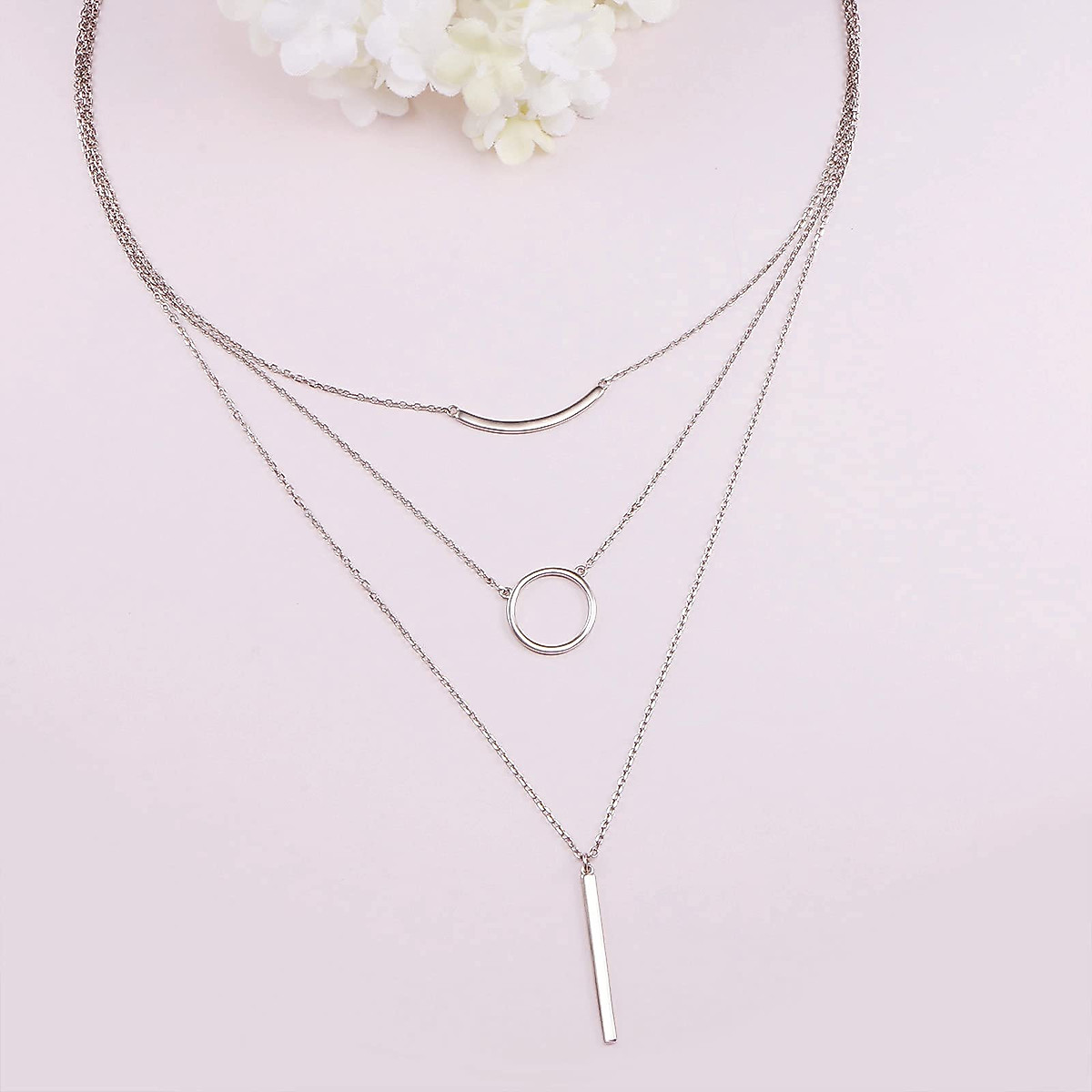 Boho Sterling Silver Dainty Layered Triple Layer Long Stacked Lariat Choker Stack Necklaces for Women Bar Circle Multi 3 Layering Chains