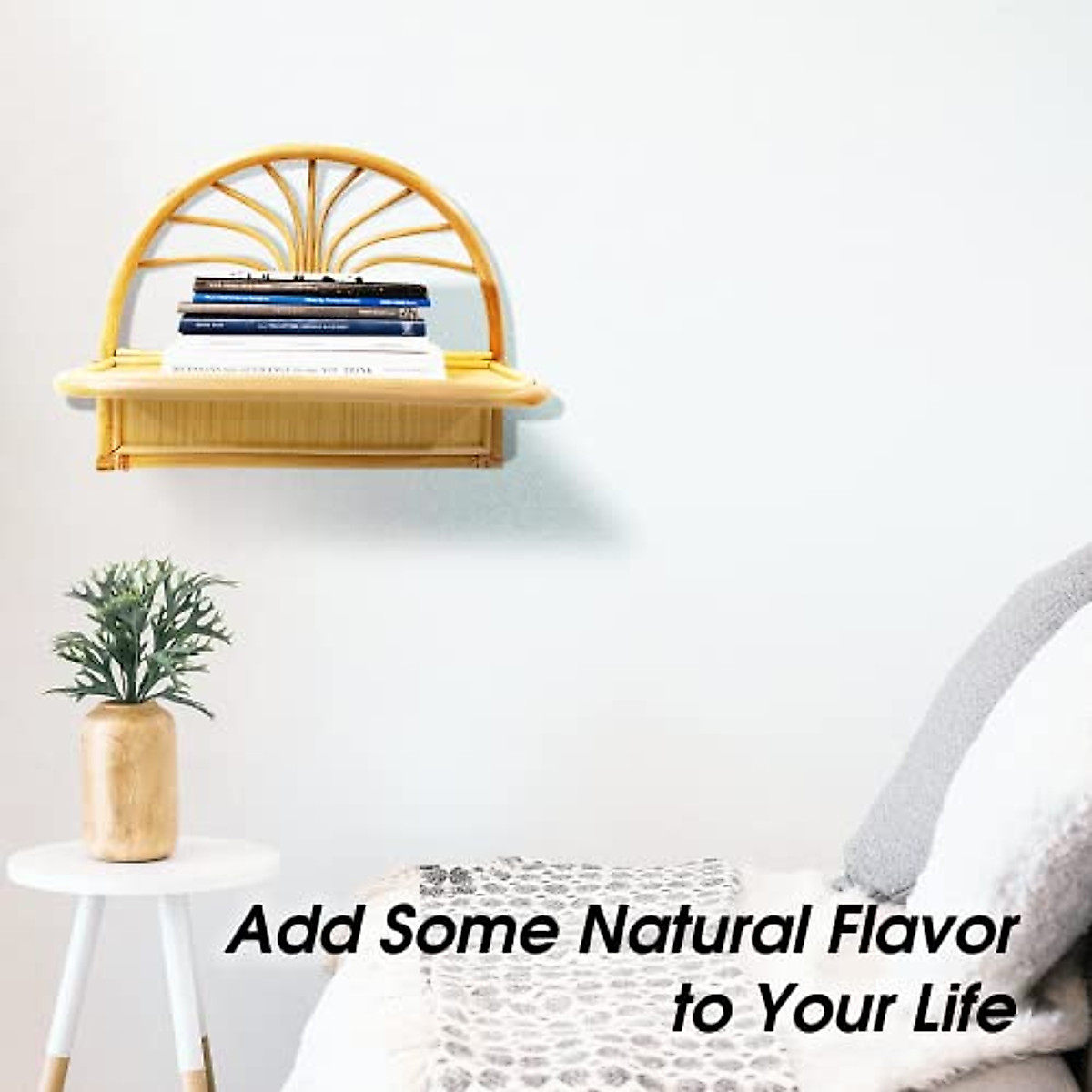 T'Furni Rattan Wall Shelf for Living Room Kitchen Wall Decor - Natural Rattan Floating Shelves - Semicircular Shelf Wall Decor - Natural Hanging Book - Wall Shelf with Storage