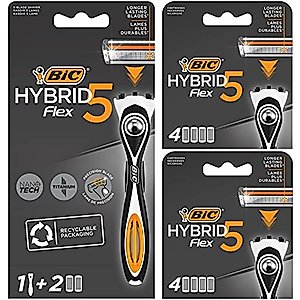 BIC Hybrid 5 Flex Refillable Men's Razor, 1 Weighted Handle and 10 Nano-Tech Titanium 5-Blade Refills with Precision Blade - Bundle of 1+10 Multicolor