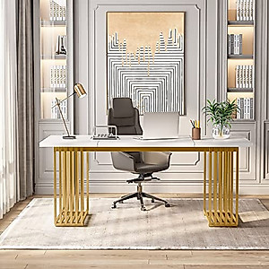 Tribesigns 70.9" Modern Office Desk, Wooden Computer Desk, White Executive Desk with Gold Metal Legs, Large Workstation for Home Office, Study Writing Desk, Small Conference Table for Meeting Room