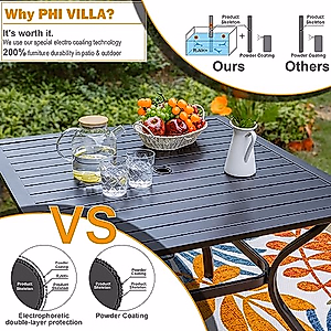 PHI VILLA 37" Patio Table for 4, Metal Outdoor Dining Table with E-Coating, Square Steel Slated Outdoor Table with 1.57" Umbrella Hole for Garden Backyard, Black