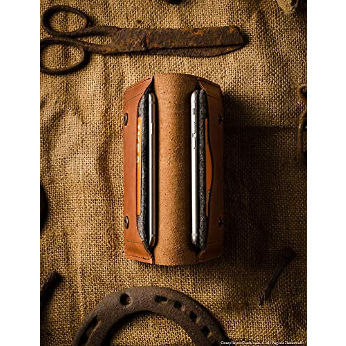 Leather Wallet for iPhone 14 Pro / 14 Plus, 14/13 / 12 Pro Max, 13/12 Mini, sleeve for two phones, Classic Brown, handmade phone cover SE, 12,11 Pro Max/Xr/Xs/8,7,6s, Wool felt, Crazy Horse Craft