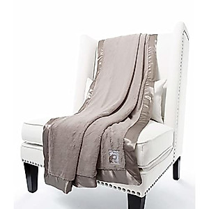 Little Giraffe Chenille Throw Blanket - At Home Soft Throw Blanket for Couch - Luxe Faux Fur Throw Blanket with Satin Trim - 45 x 59" - Flax